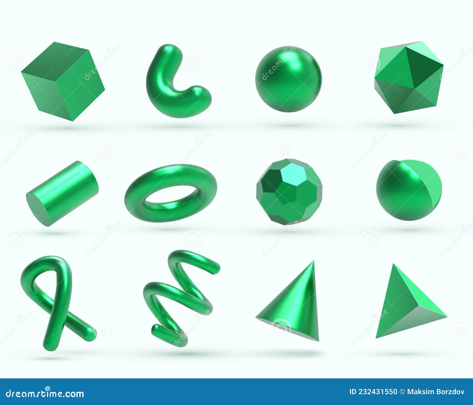 Realistic 3D Green Metal Geometric Shapes Objects. Realistic Geometry ...
