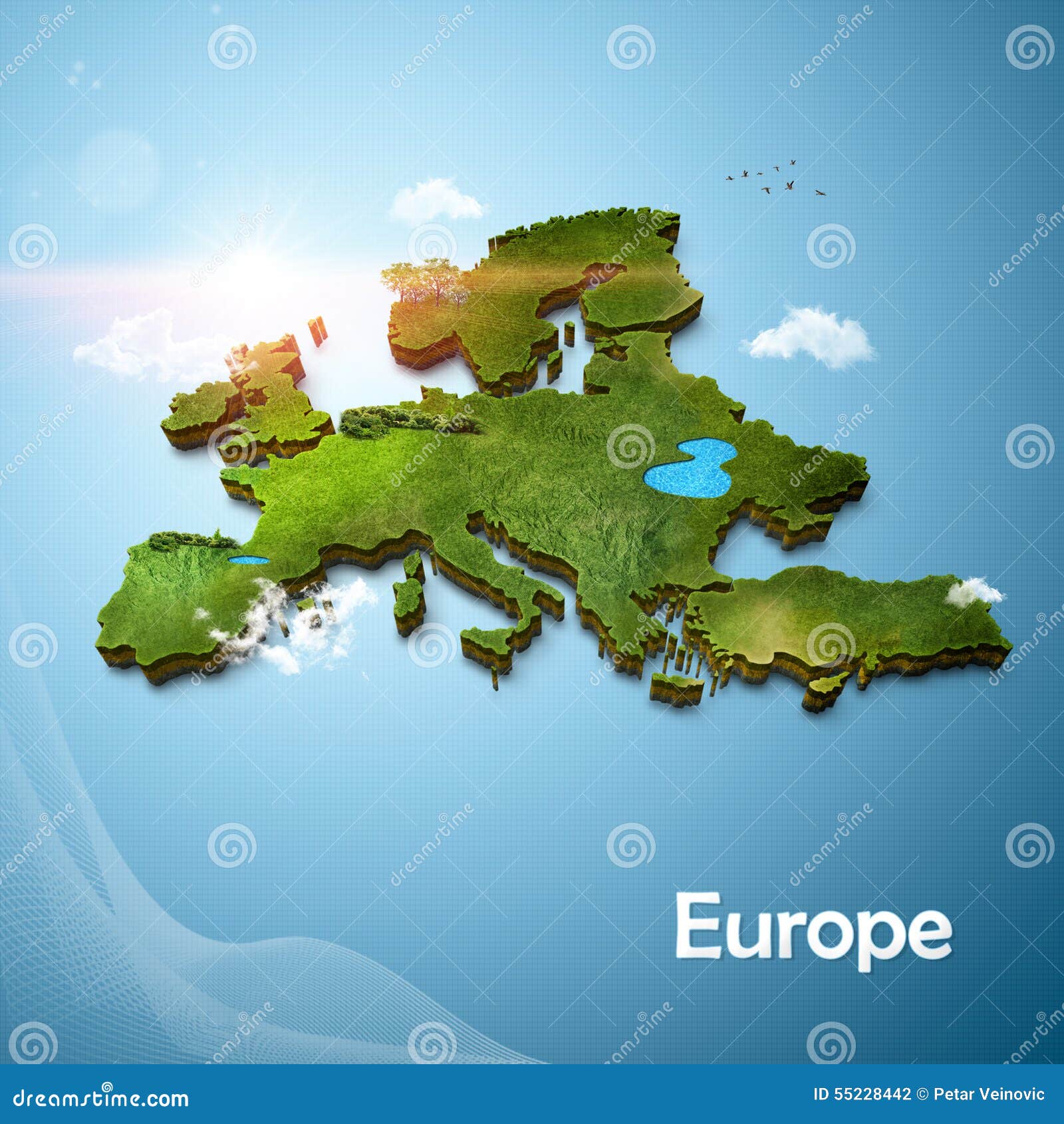 Realistic 3D Map of Europe stock illustration. Illustration of sunflare ...
