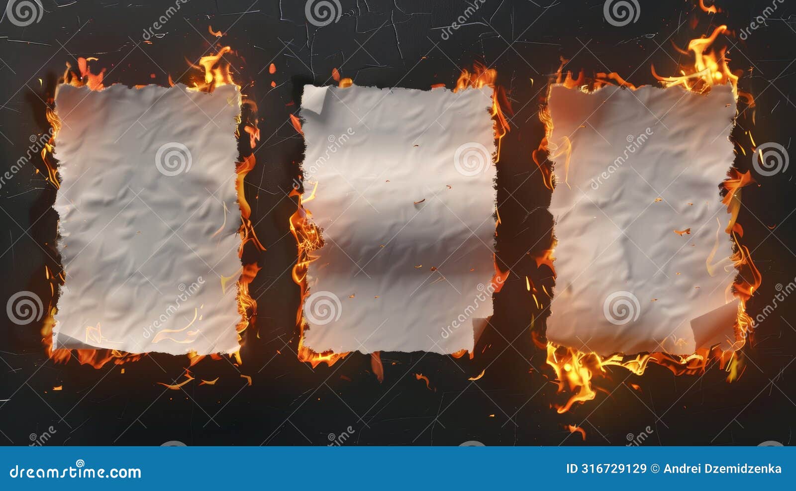 A Realistic 3D Modern Set Showing White Paper Notes in Flames, Squares ...