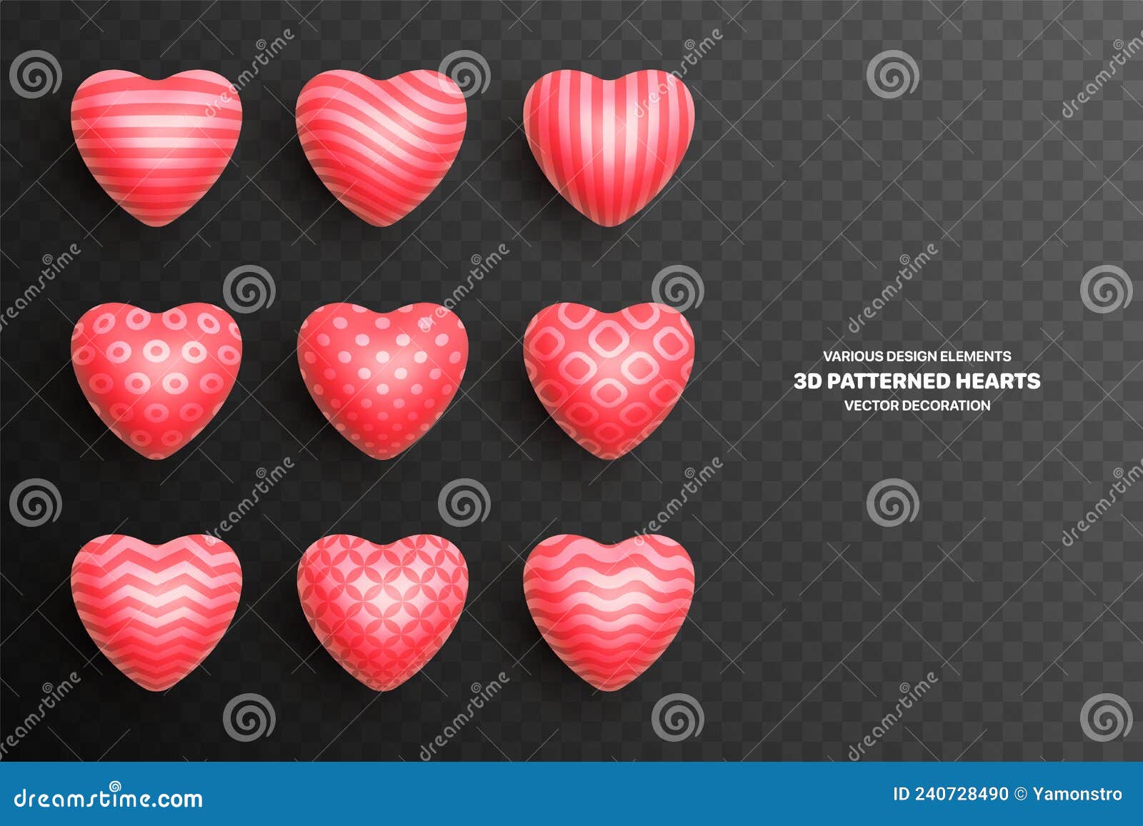 Realistic 3D Vector Various Patterned Red Heart Set Isolated on ...