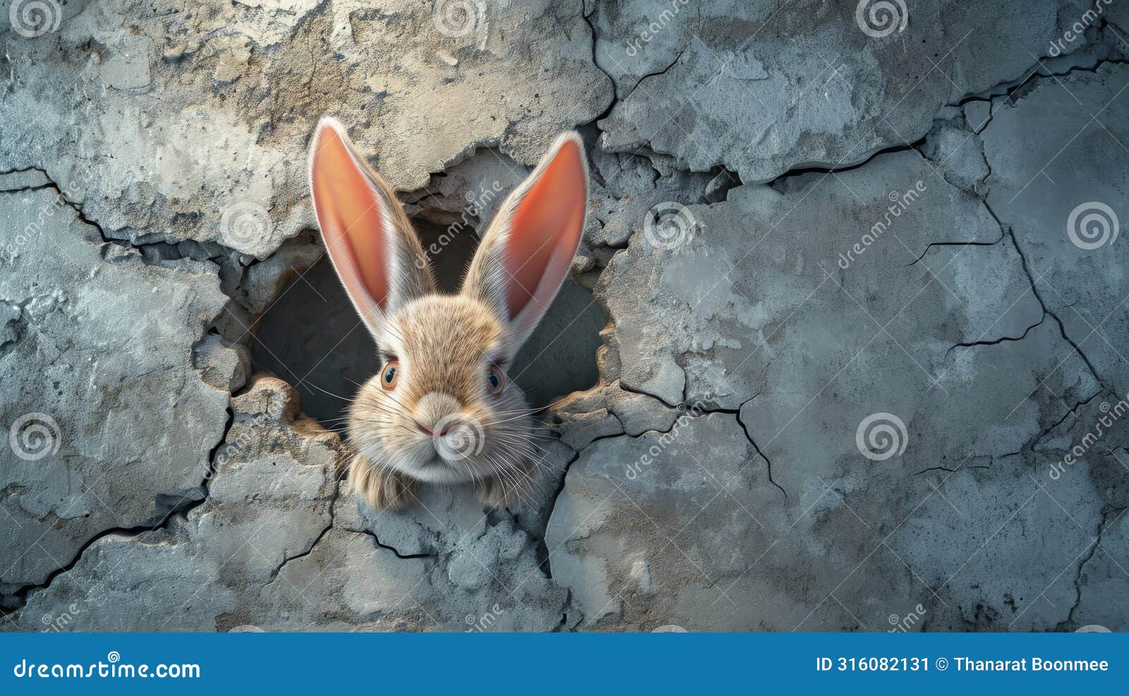 A Realistic 3D Render of a Happy, Cute Rabbit Peeking through a Broken ...