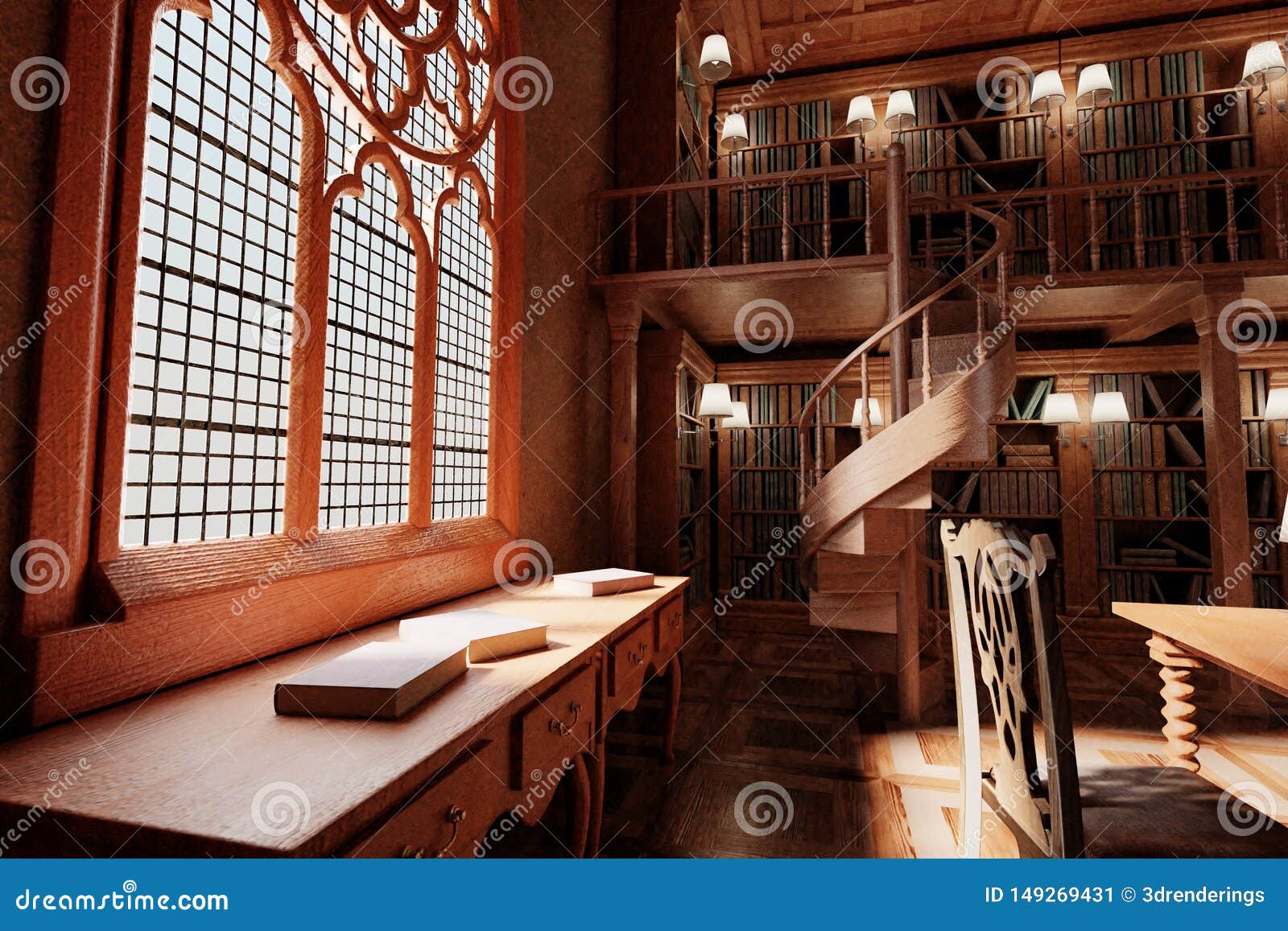 3D Render of Old Antique Library Stock Illustration - Illustration of ...