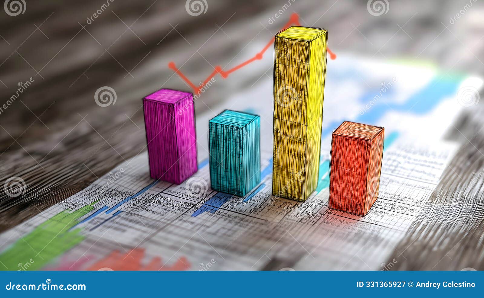 Realistic 3D Rendered Drawing of Colorful Chart Bars on Wooden Table ...