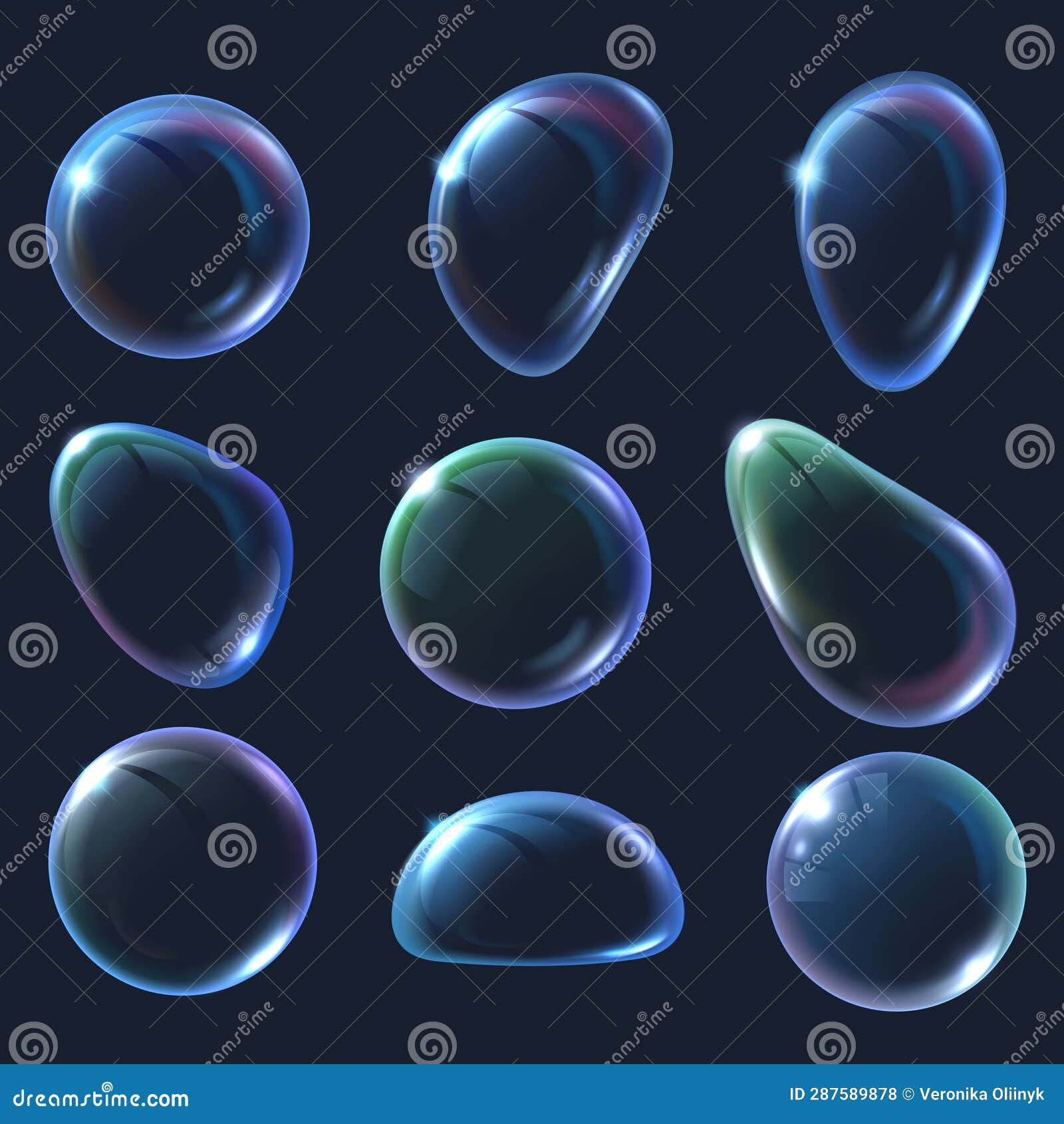 Realistic 3D Soap Bubble. Soapy Bubbles in Various Shapes, Iridescent ...