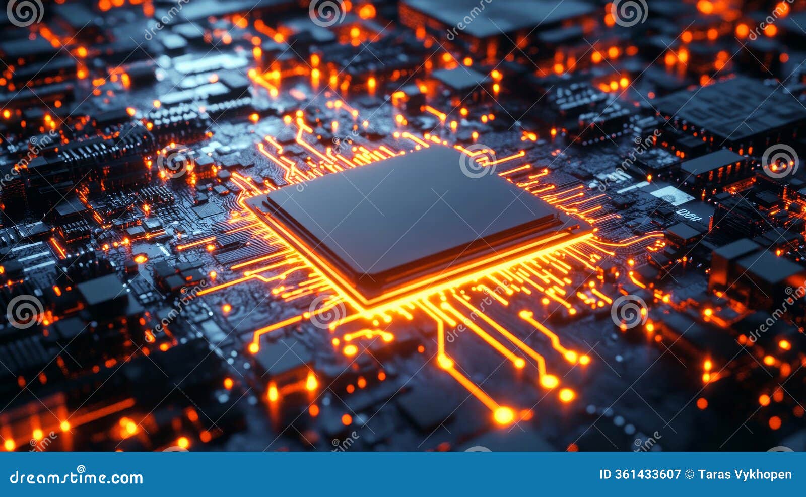 Realistic 3D Visualization of a CPU Chip with Glowing Neon Pathways in ...