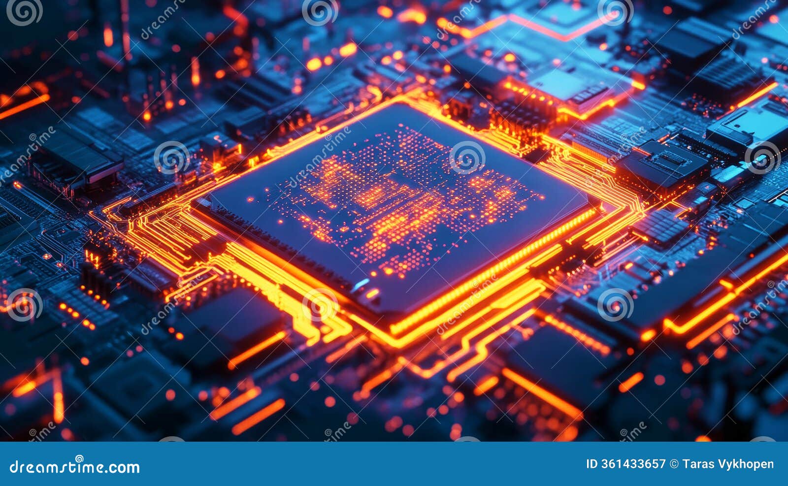 Realistic 3D Visualization of a CPU Chip with Neon Pathways in a ...