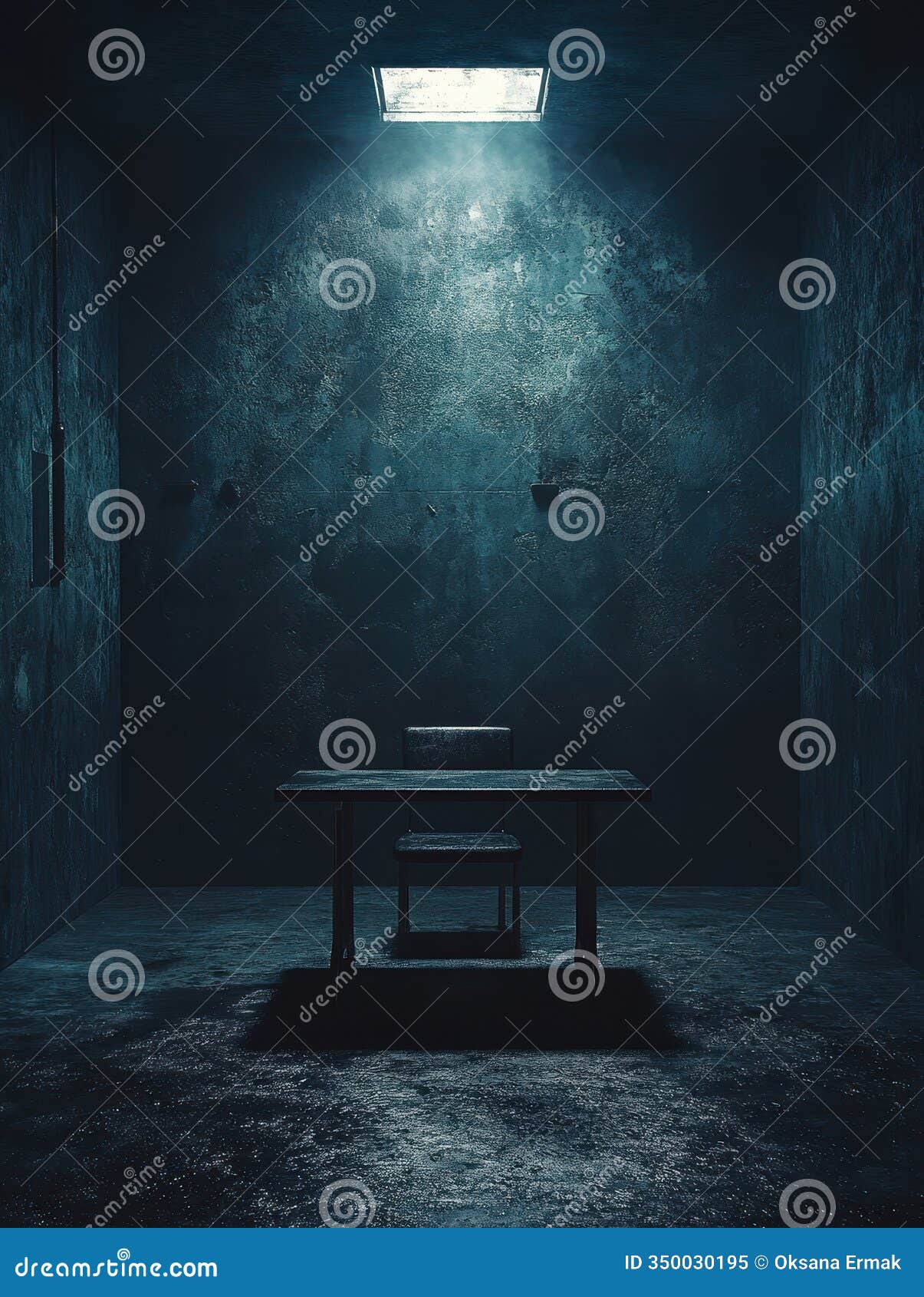 A Realistic Dark Interrogation Room Featuring a Table and an Empty ...