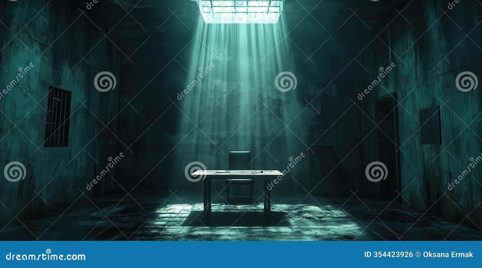 A Realistic Dark Interrogation Room Featuring a Table and an Empty ...