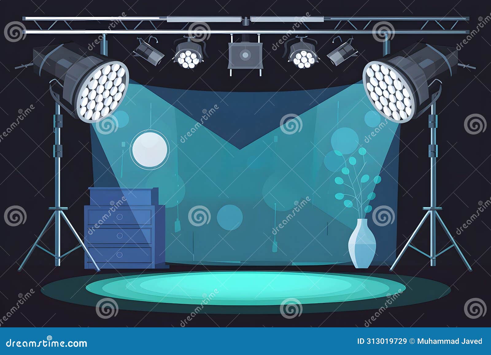 Realistic Dark Studio Setting Illuminated by Spotlights in Vector Stock ...