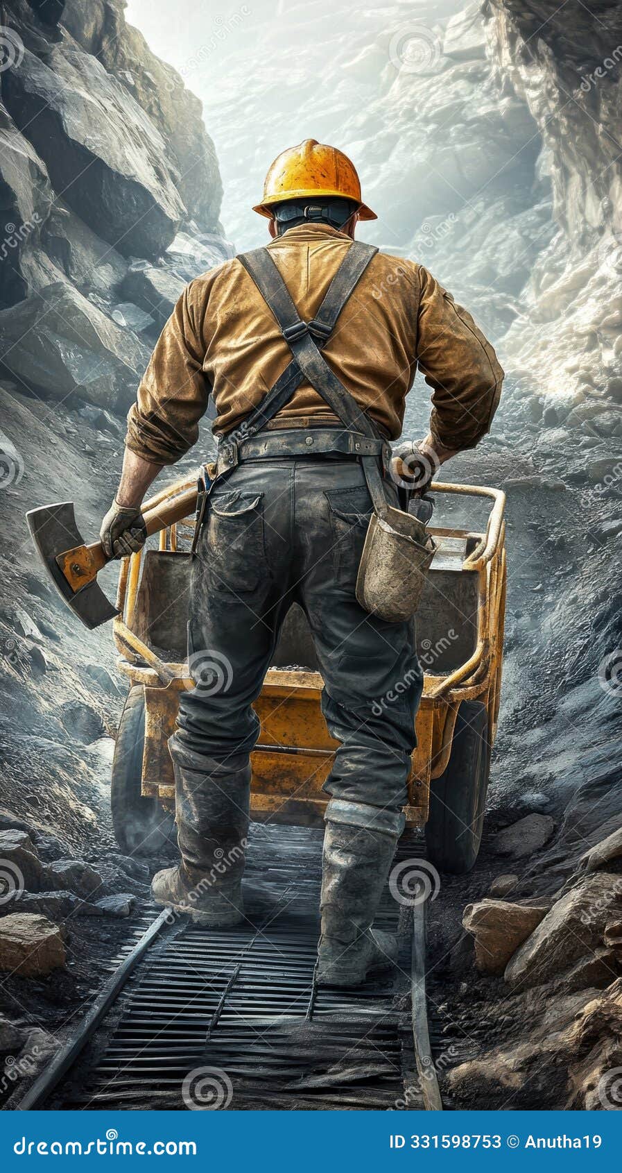 Realistic Depiction of a Miner from the Back, Using a Pickaxe with ...