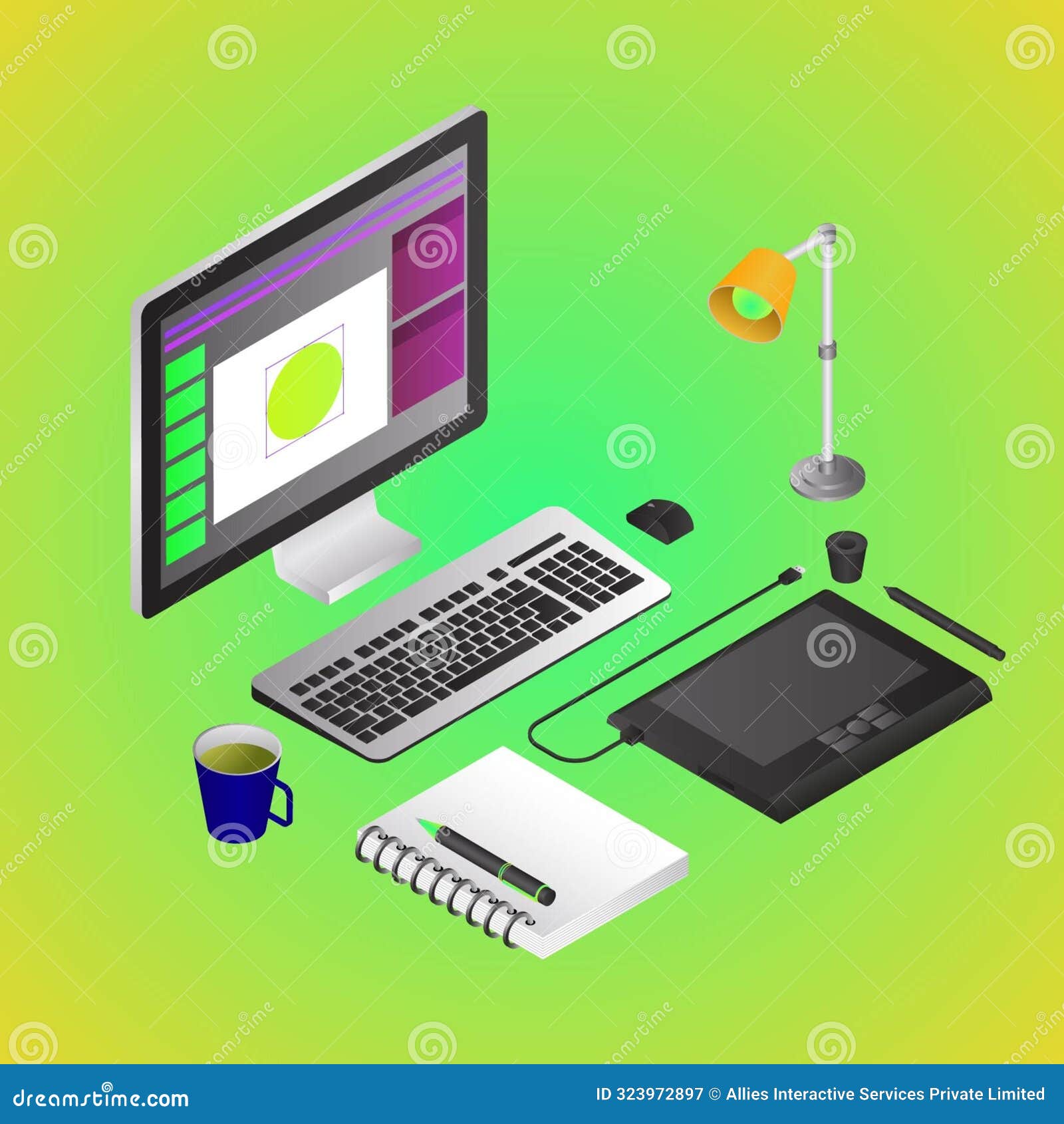 Realistic Designing Tools of Computer with Graphic Tablet, Table Lamp ...