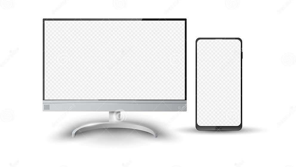 Realistic Desktop Computer Screen And Mobile Phone Mockup Vector Illustration Stock Vector