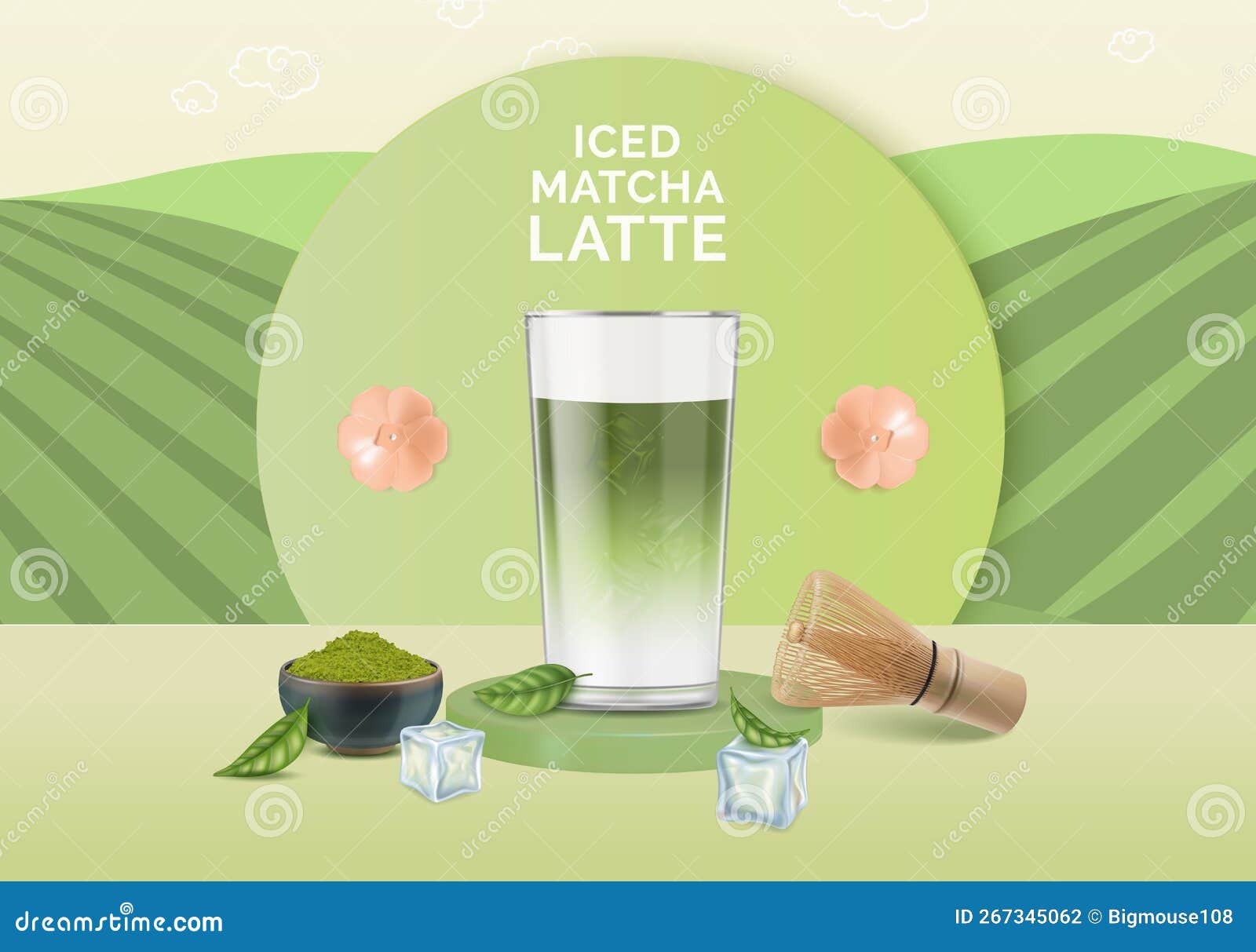 Realistic Detailed 3d Iced Matcha Latte Ads Banner Concept Poster Card