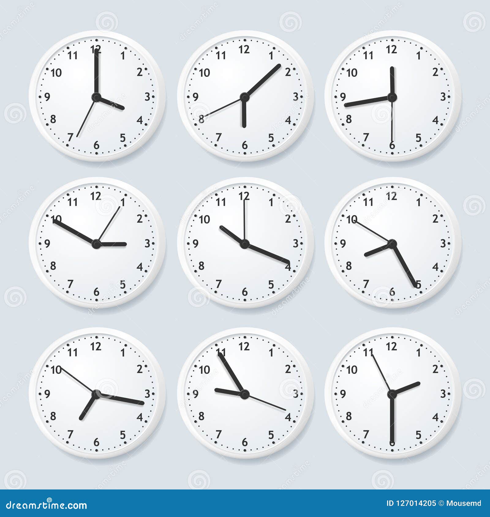 Realistic Detailed 3d Clock Set with Different Time. Vector Stock ...