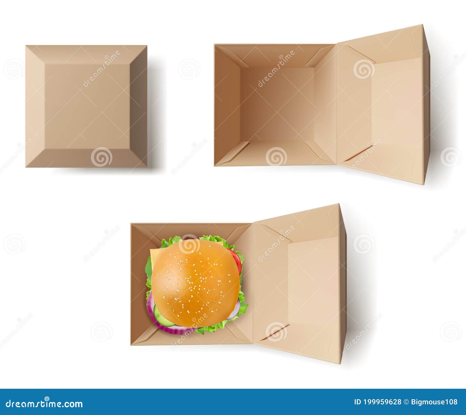 Realistic Detailed 3d Different Empty Package Box and with Burger Set ...