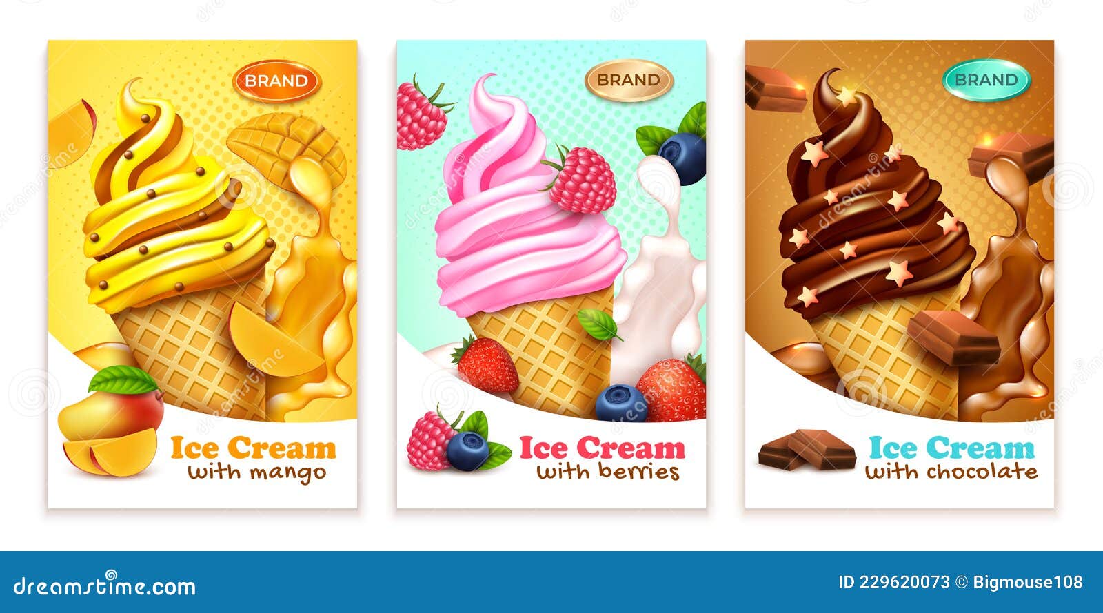 Realistic Detailed 3d Ice Cream Cone Ads Banner Concept Poster Card Set