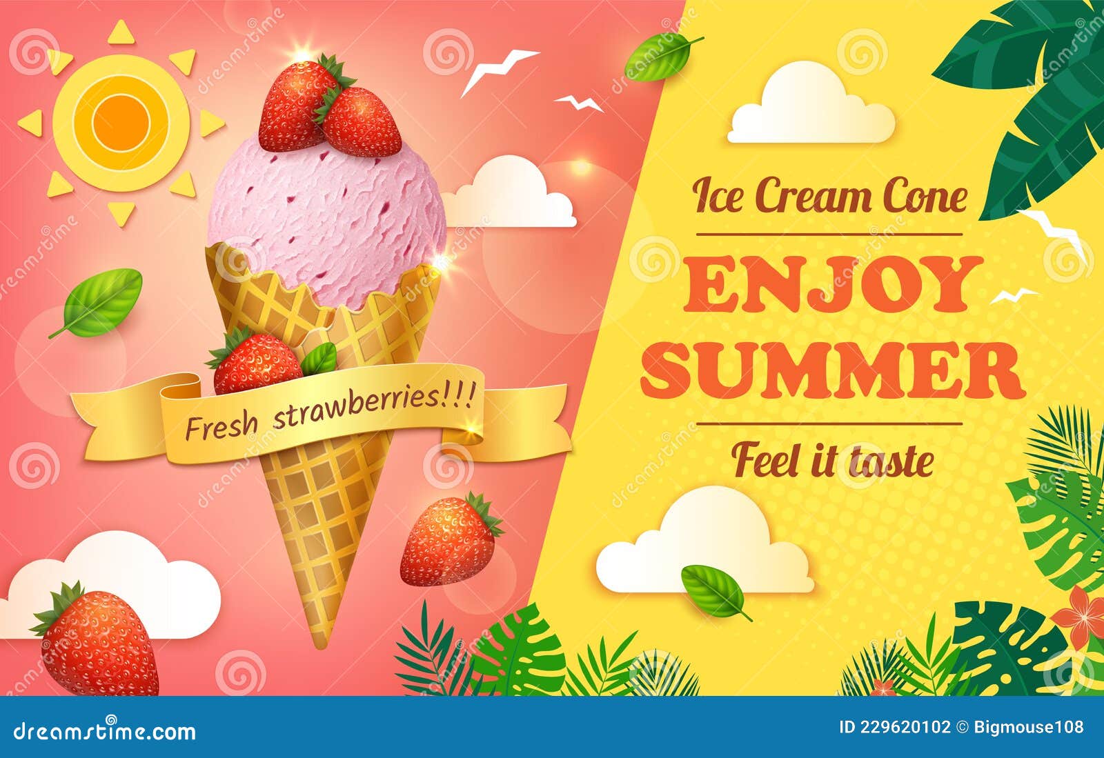 Realistic Detailed 3d Ice Cream With Strawberry Enjoy Summer Ads Banner