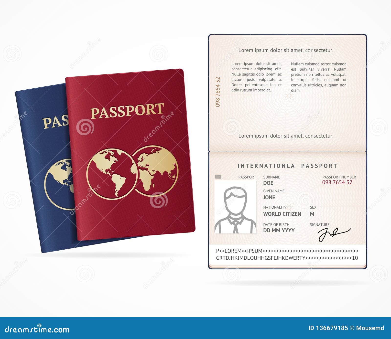 Realistic Detailed 3d International Passport Blank Set Vector Stock