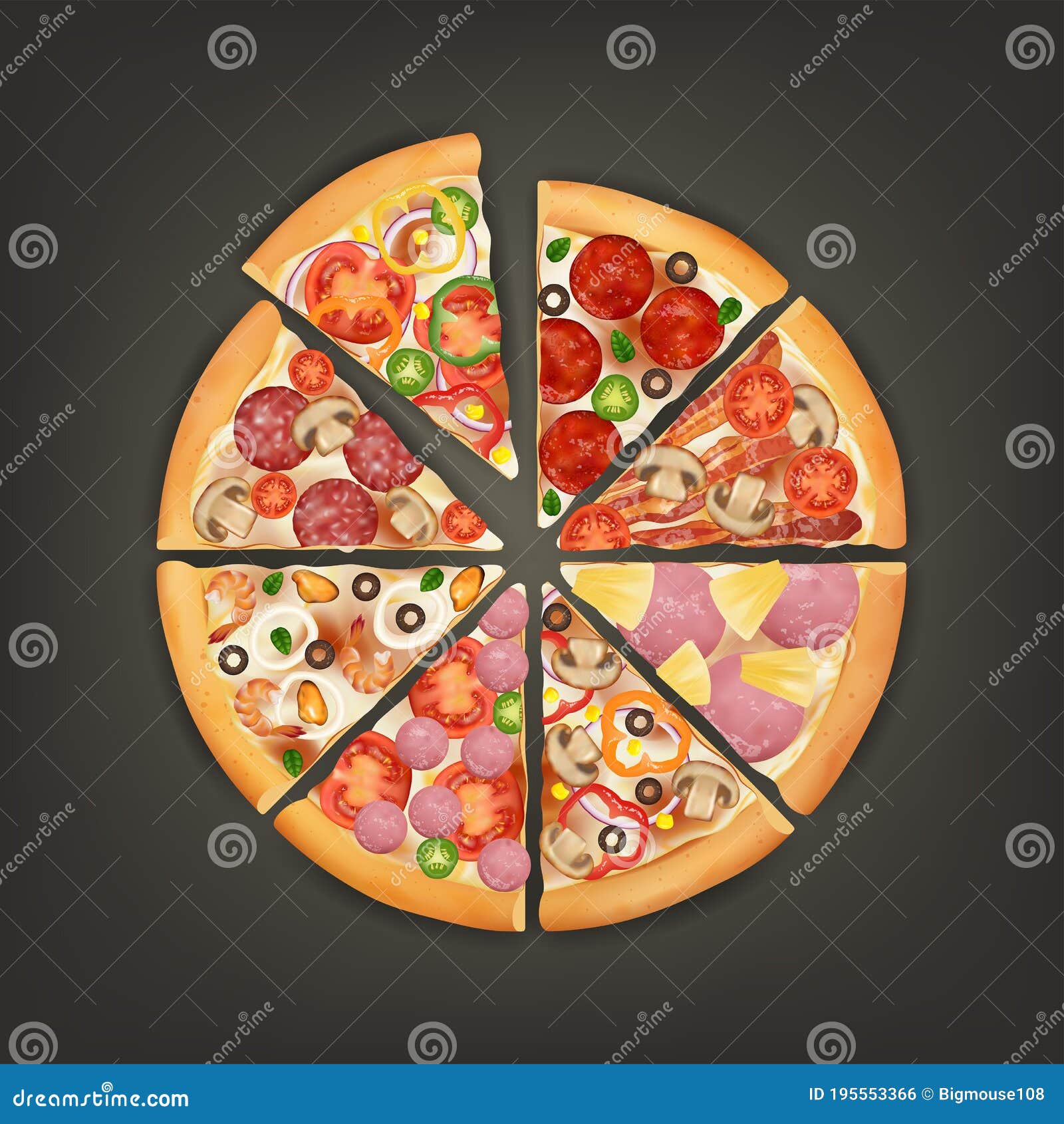 Realistic Detailed 3d Slice of Pizza with Different Type Ingredients ...