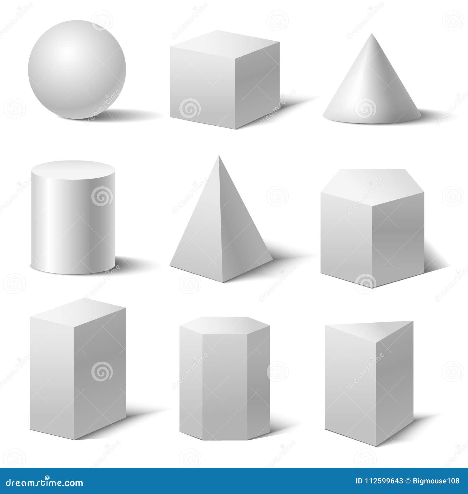 Realistic Set Of Basic 3d Shapes. White Cube, Cylinder, Sphere And Cone ...