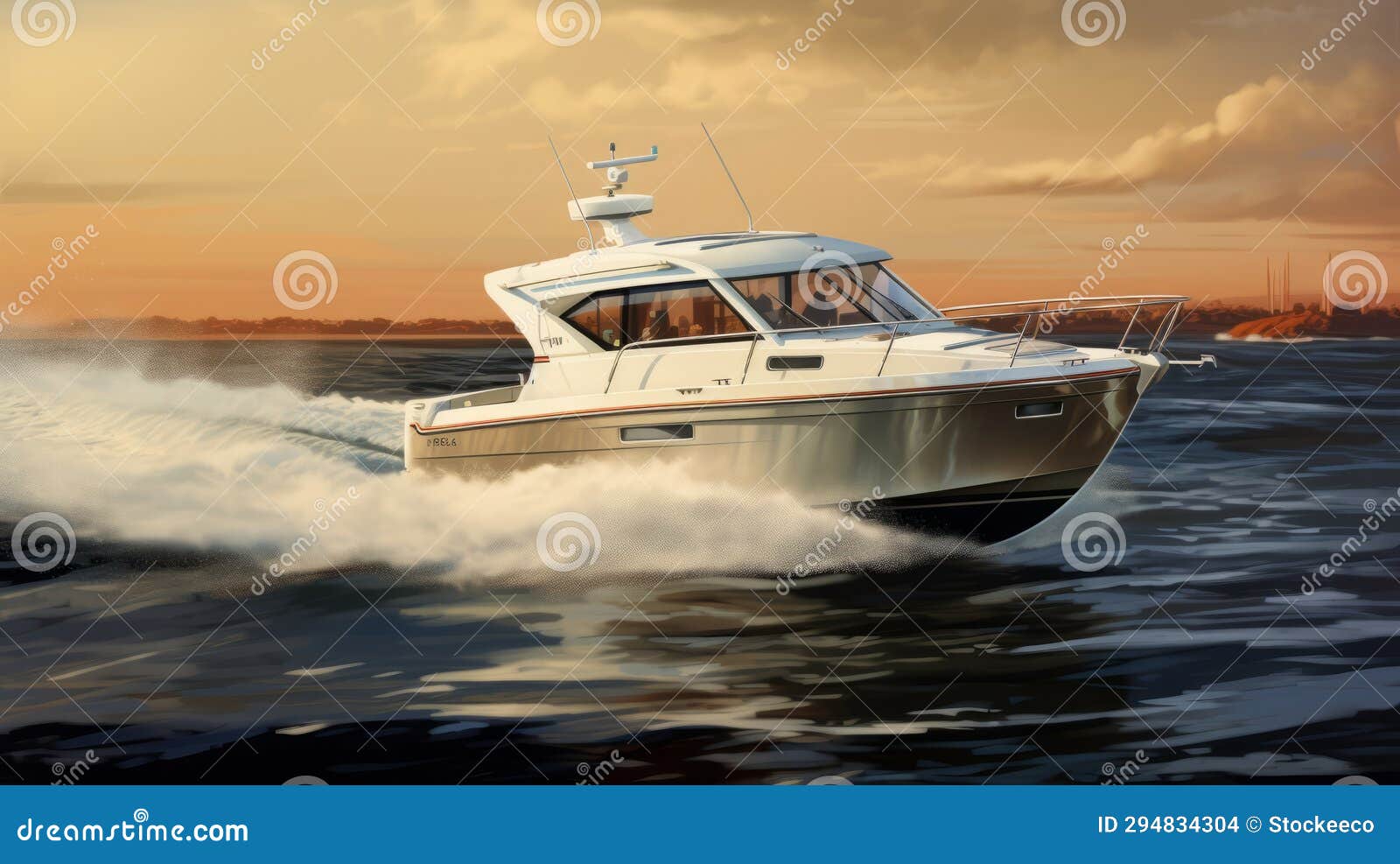 Realistic and Detailed Rendering of a Boat in Water Stock Illustration ...