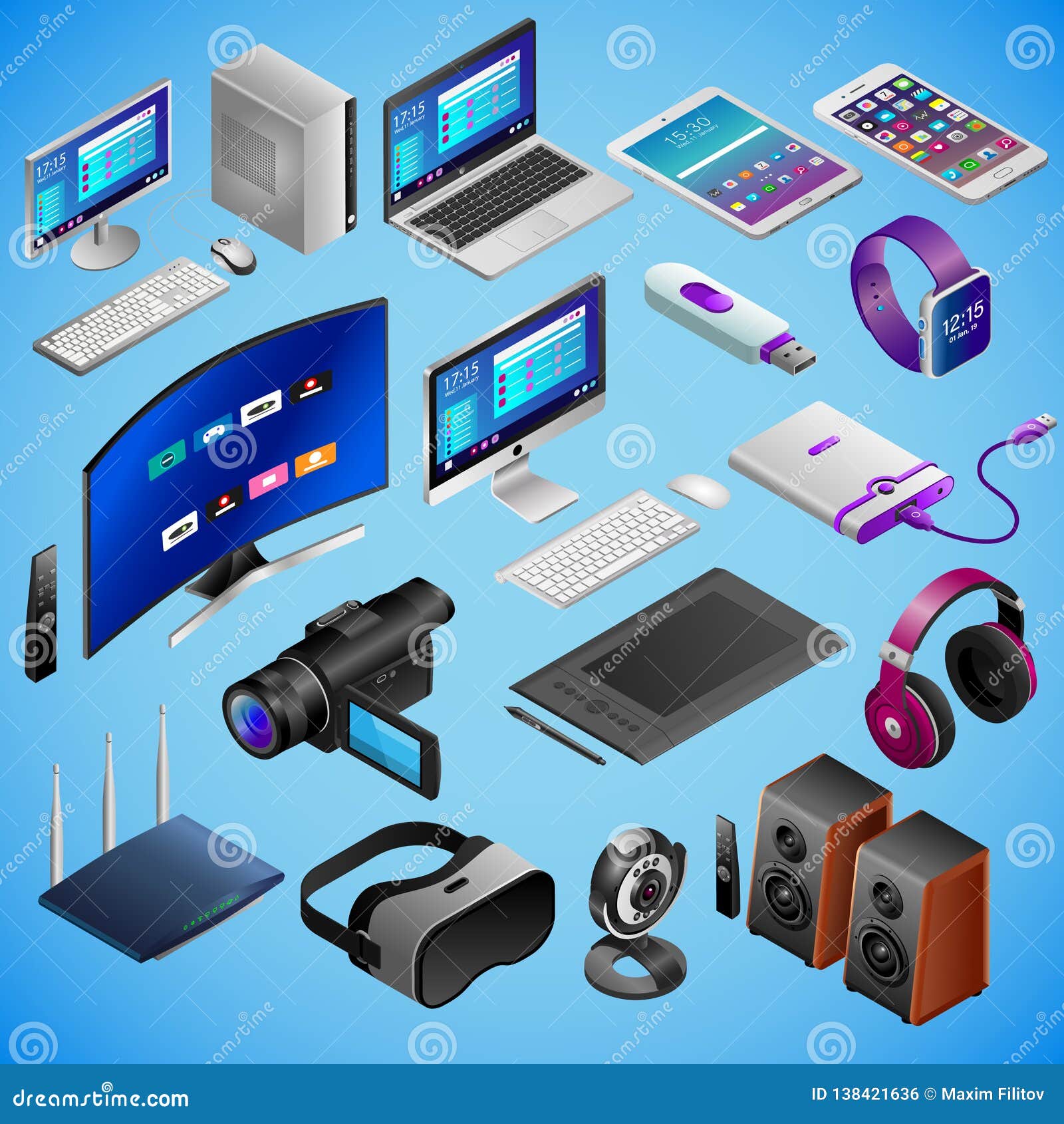 Realistic Digital Devices in Isometry on Blue Background Stock Vector ... Realistic Digital Devices in Isometry on Blue Background Stock Vector ...