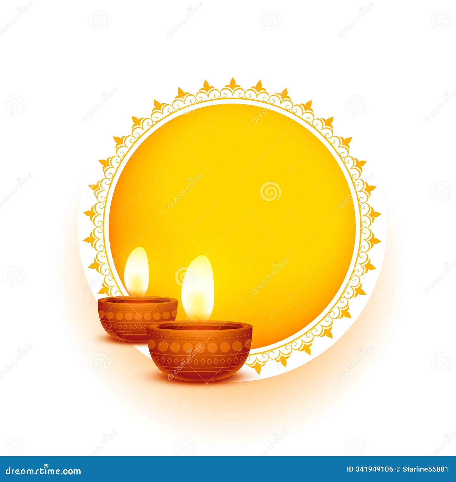 Realistic Diwali Diya on Yellow Decorative Frame with Text Space Stock ...
