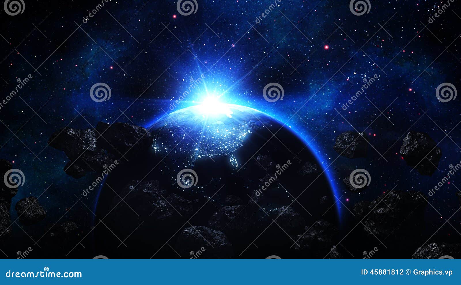 Realistic Earth Attacked by Asteroids Stock Illustration - Illustration ...