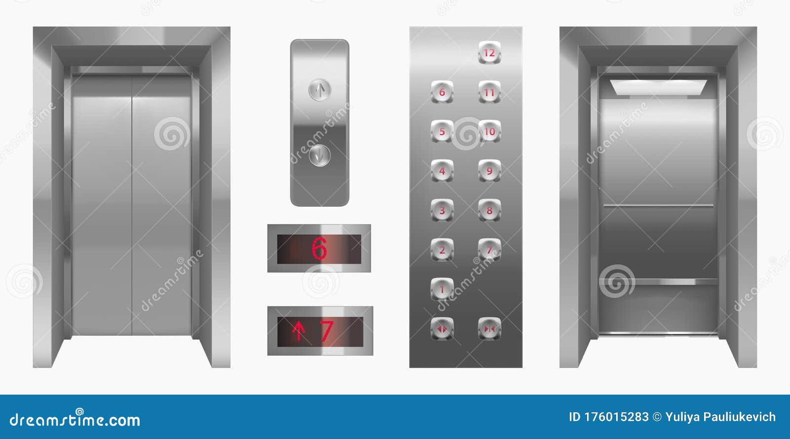 Realistic Elevator Set. Open, Ajar And Closed Chrome Metallic Doors And ...