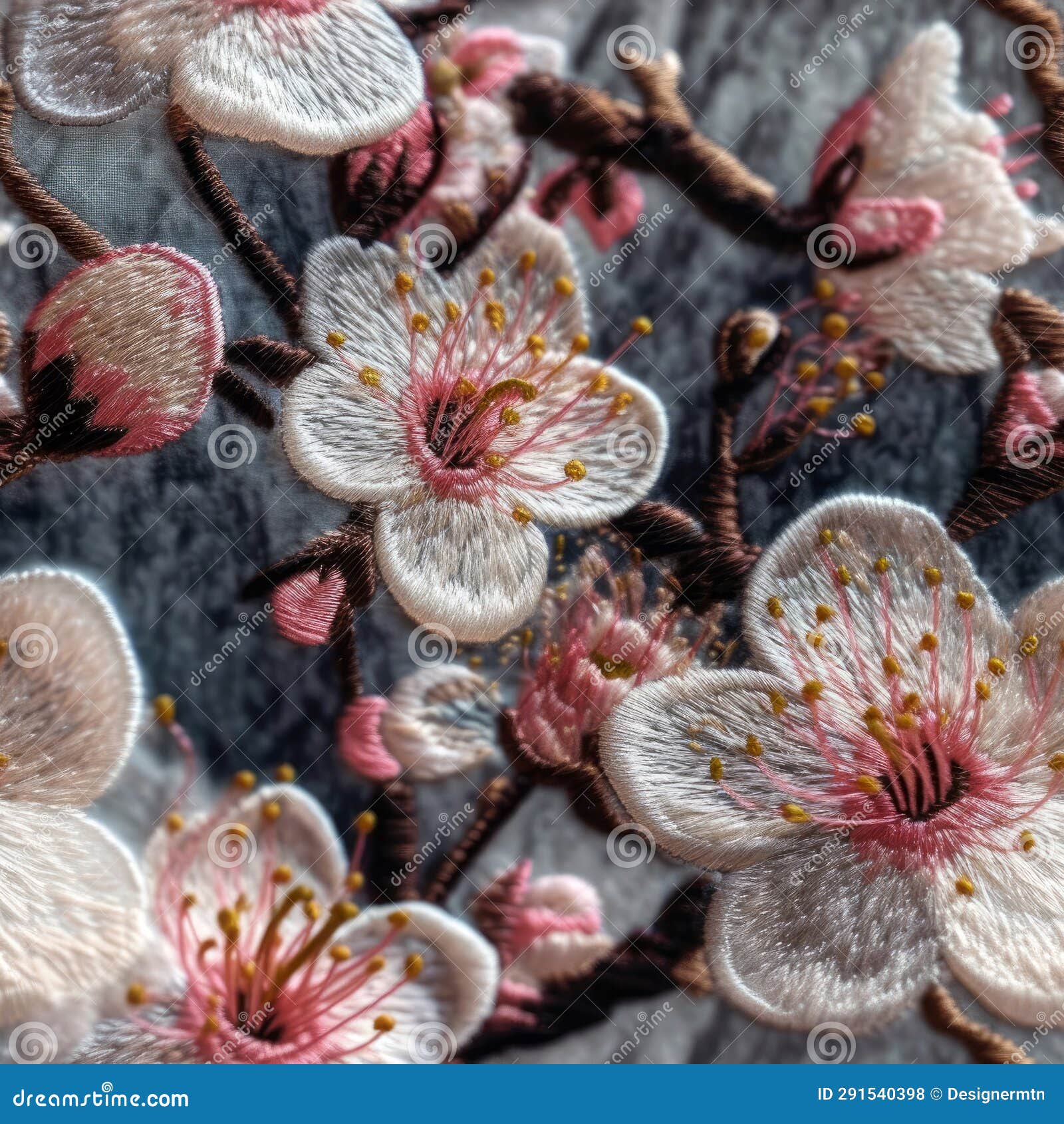 Realistic Embroidery Cherry Blossom Flowers Seamless Pattern Stock ...