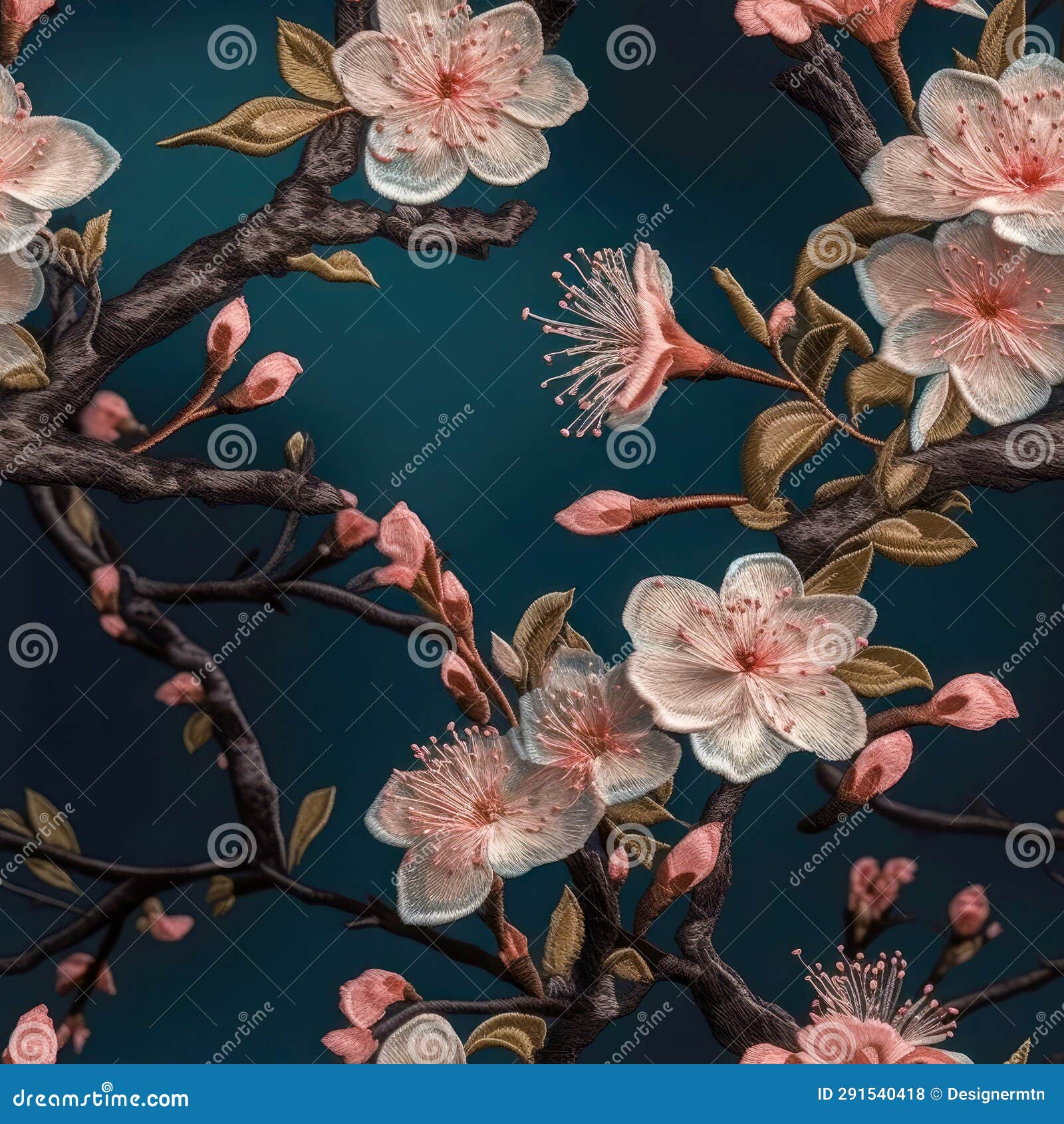 Realistic Embroidery Cherry Blossom Flowers Seamless Pattern Stock ...