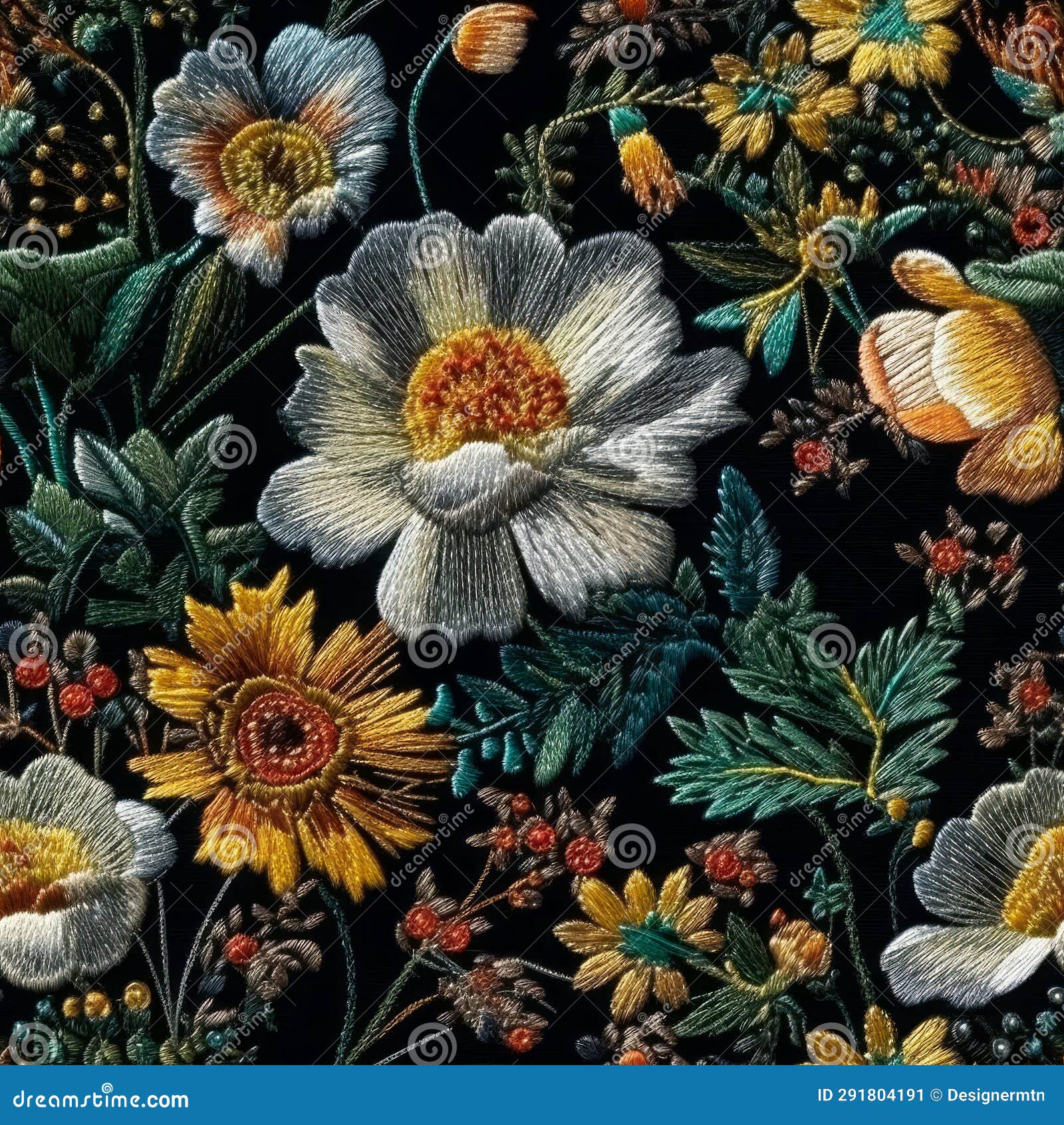Realistic Embroidery Floral Seamless Pattern Stock Image - Image of ...