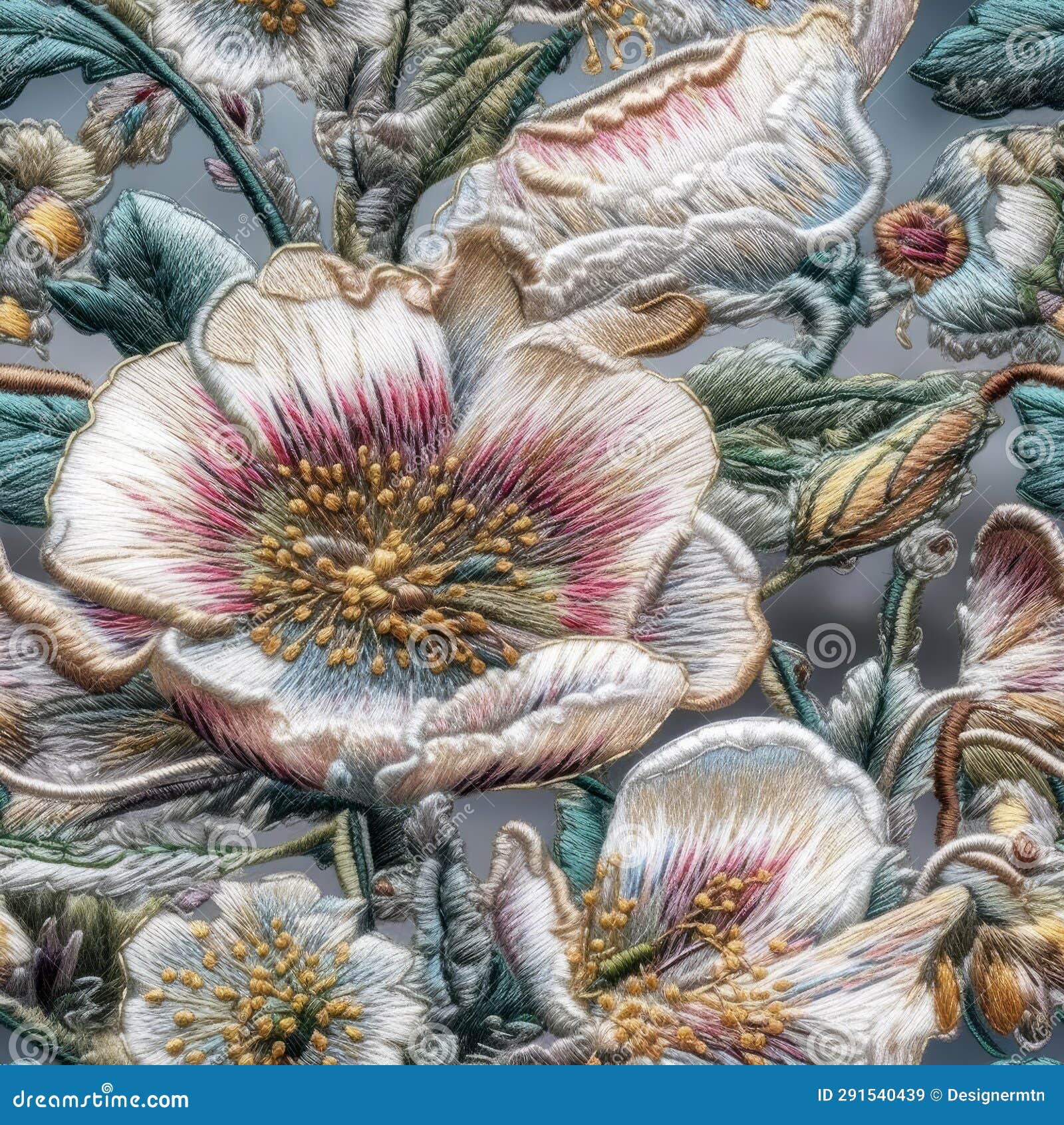 Realistic Embroidery White Flowers Seamless Pattern Stock Illustration ...