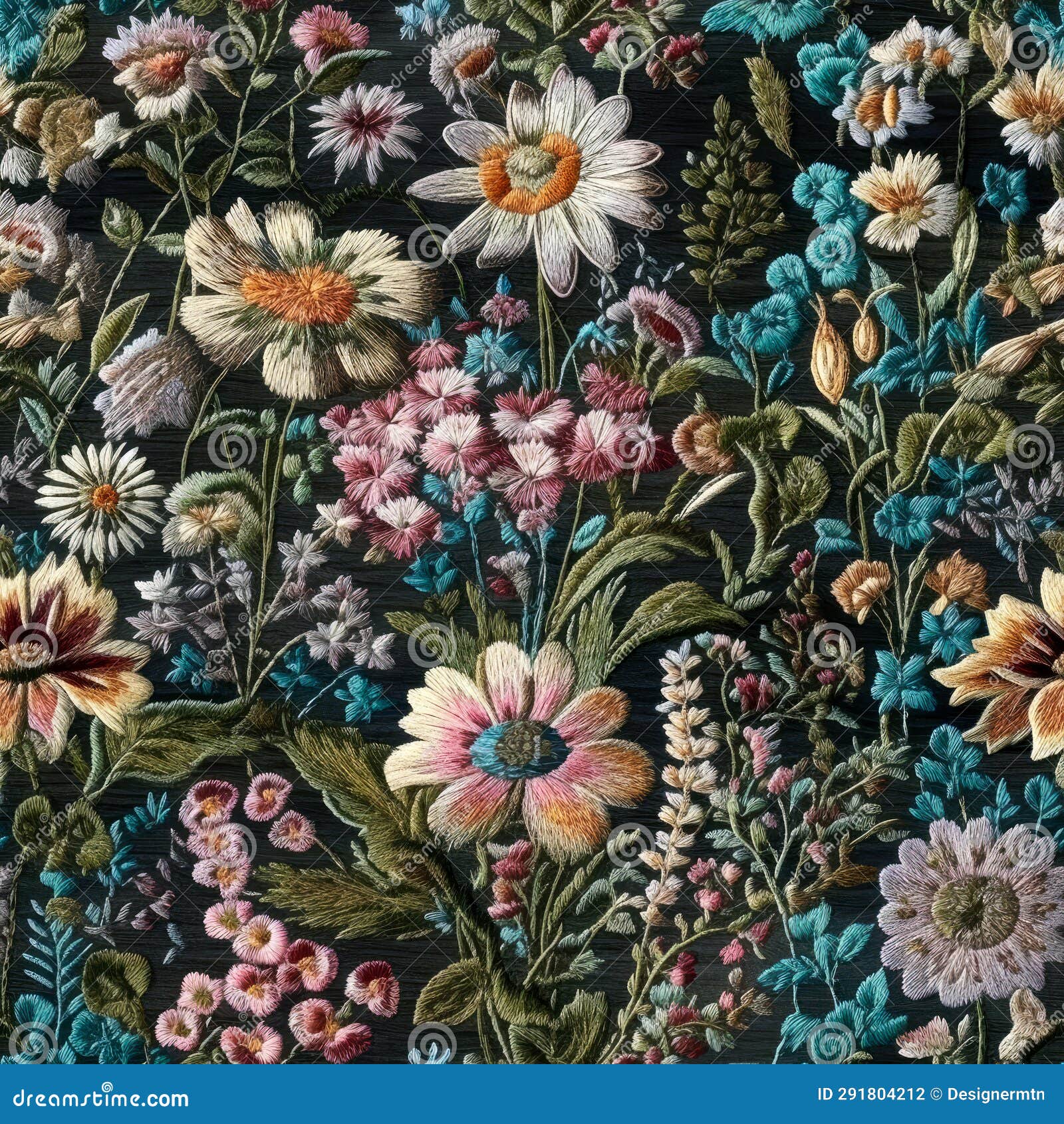 Realistic Embroidery Wild Flowers Seamless Pattern Stock Illustration ...