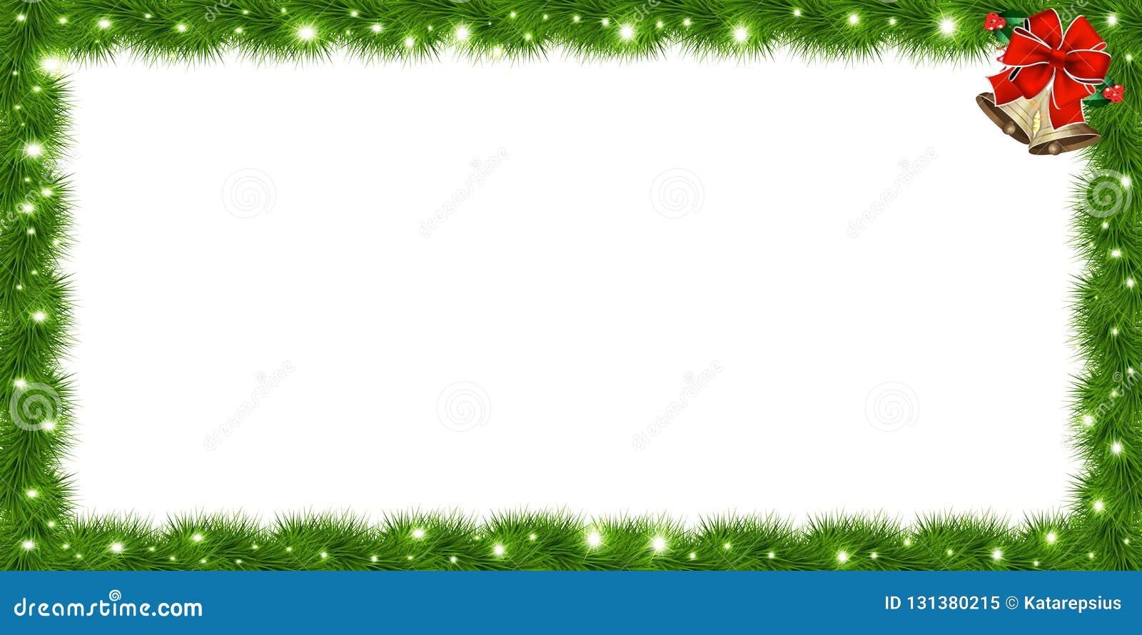 Realistic Fir-tree Sparkling Rectangle Border with Red Bow and Bells on ...