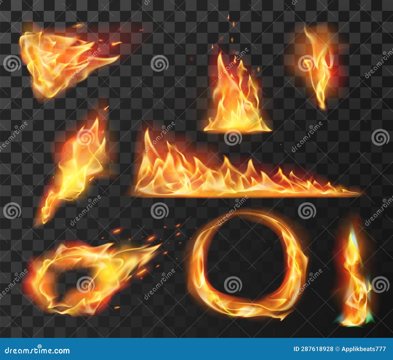 Realistic Fire Flame Elements. Burning Effects of Fireball, Circle ...