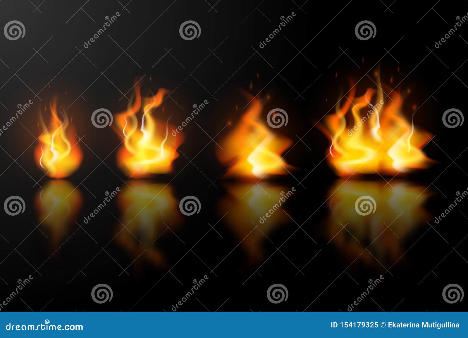 Realistic Fire Flames Set with Reflection Stock Vector - Illustration ...