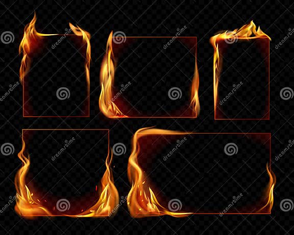 Realistic Fire Frame. Flame Borders with Sparkles, Burning Fiery Square ...