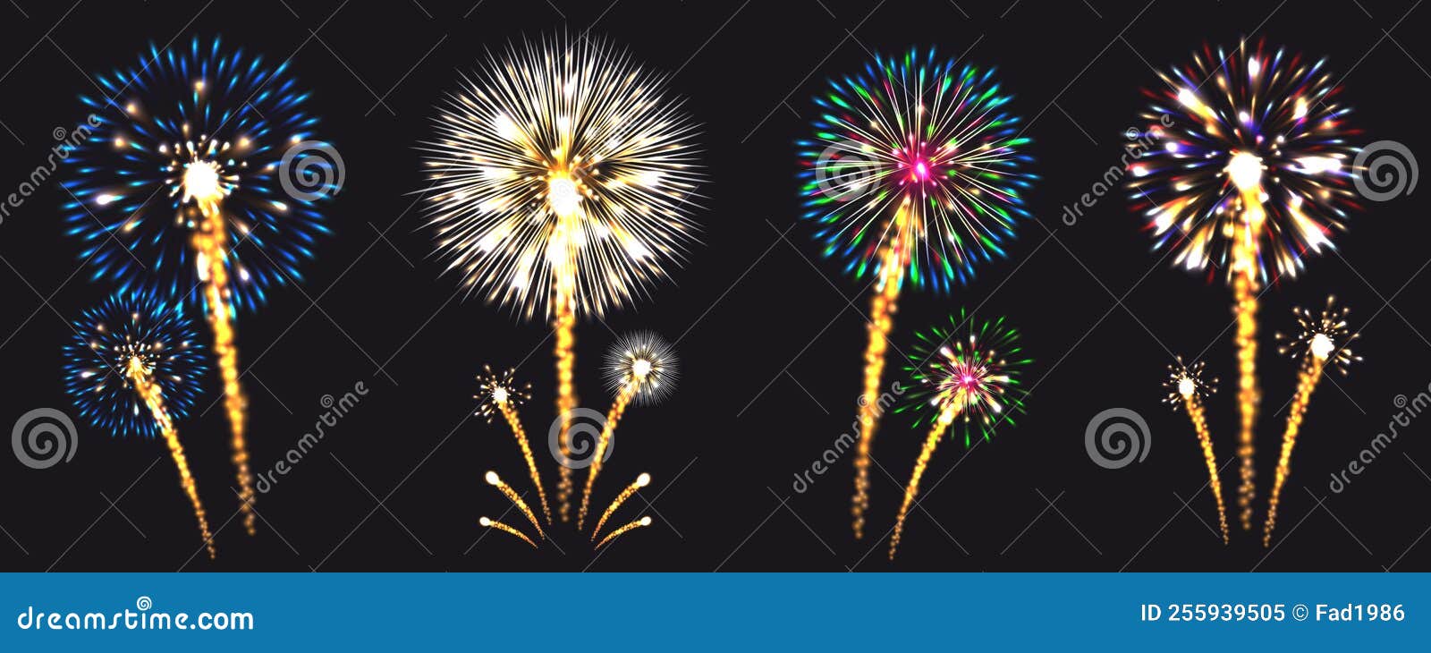 Realistic Fireworks Set in Different Sizes Shapes and Colors ...