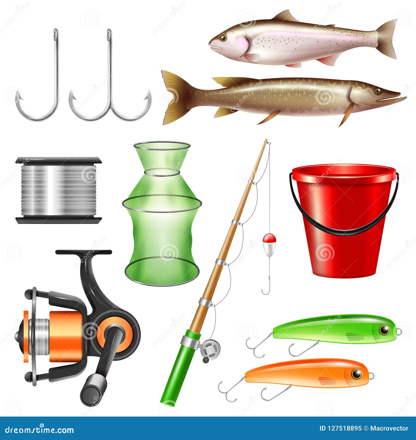 Realistic Fishing Gear Set stock vector. Illustration of coil - 127518895