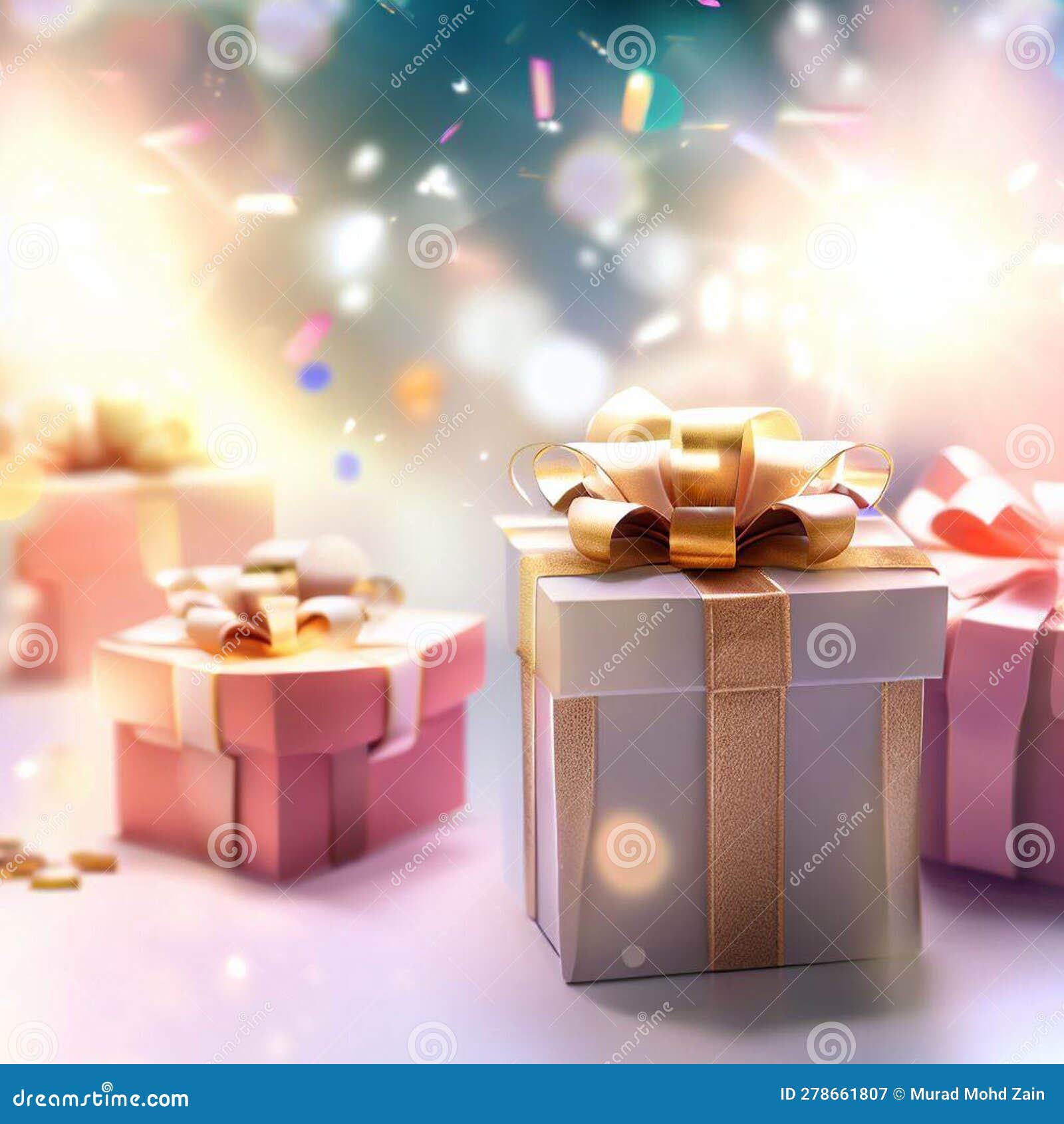 Realistic Gift Boxes and Stunning Light with Blurry Congratulation ...