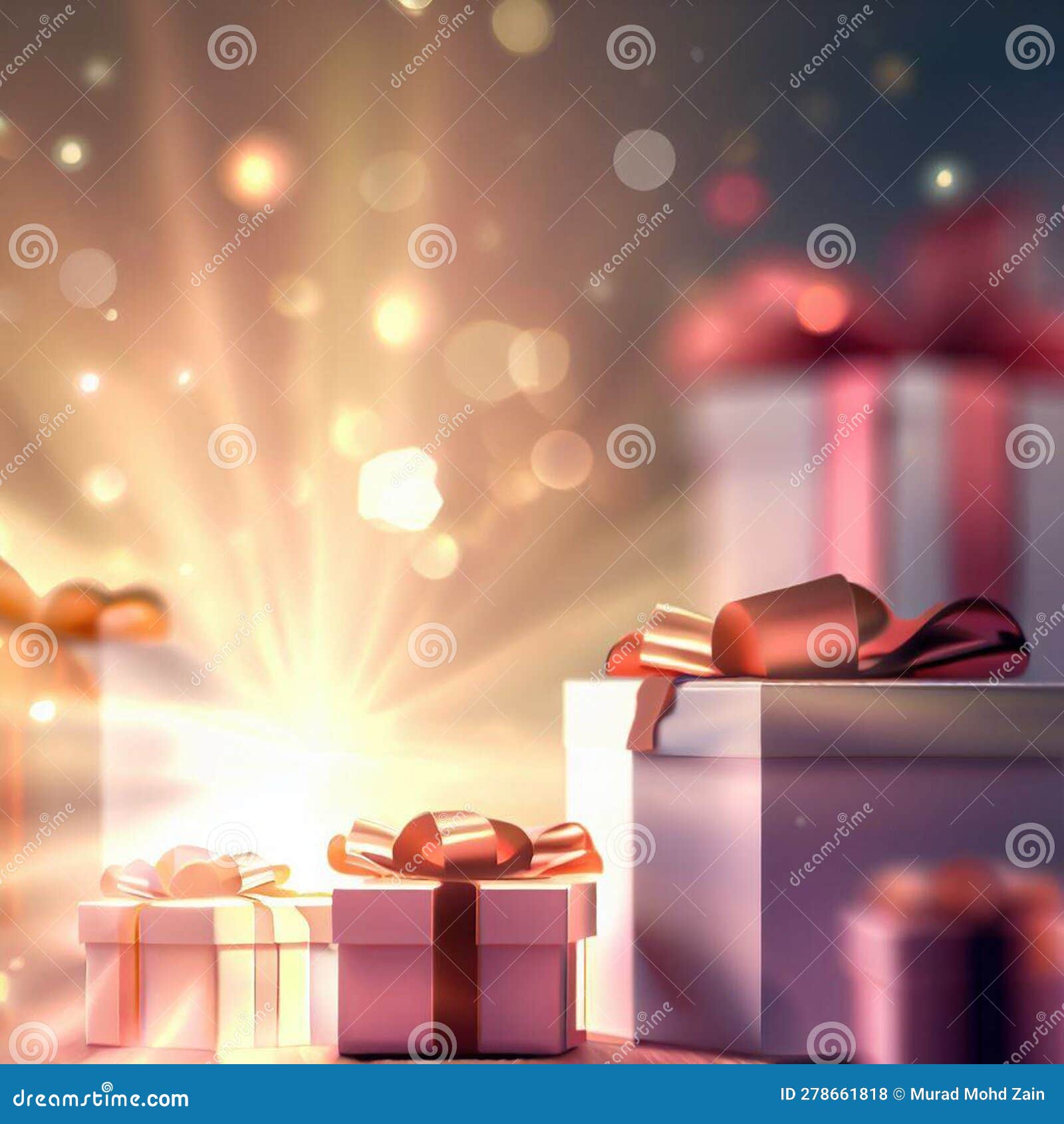 Realistic Gift Boxes and Stunning Light with Blurry Congratulation ...