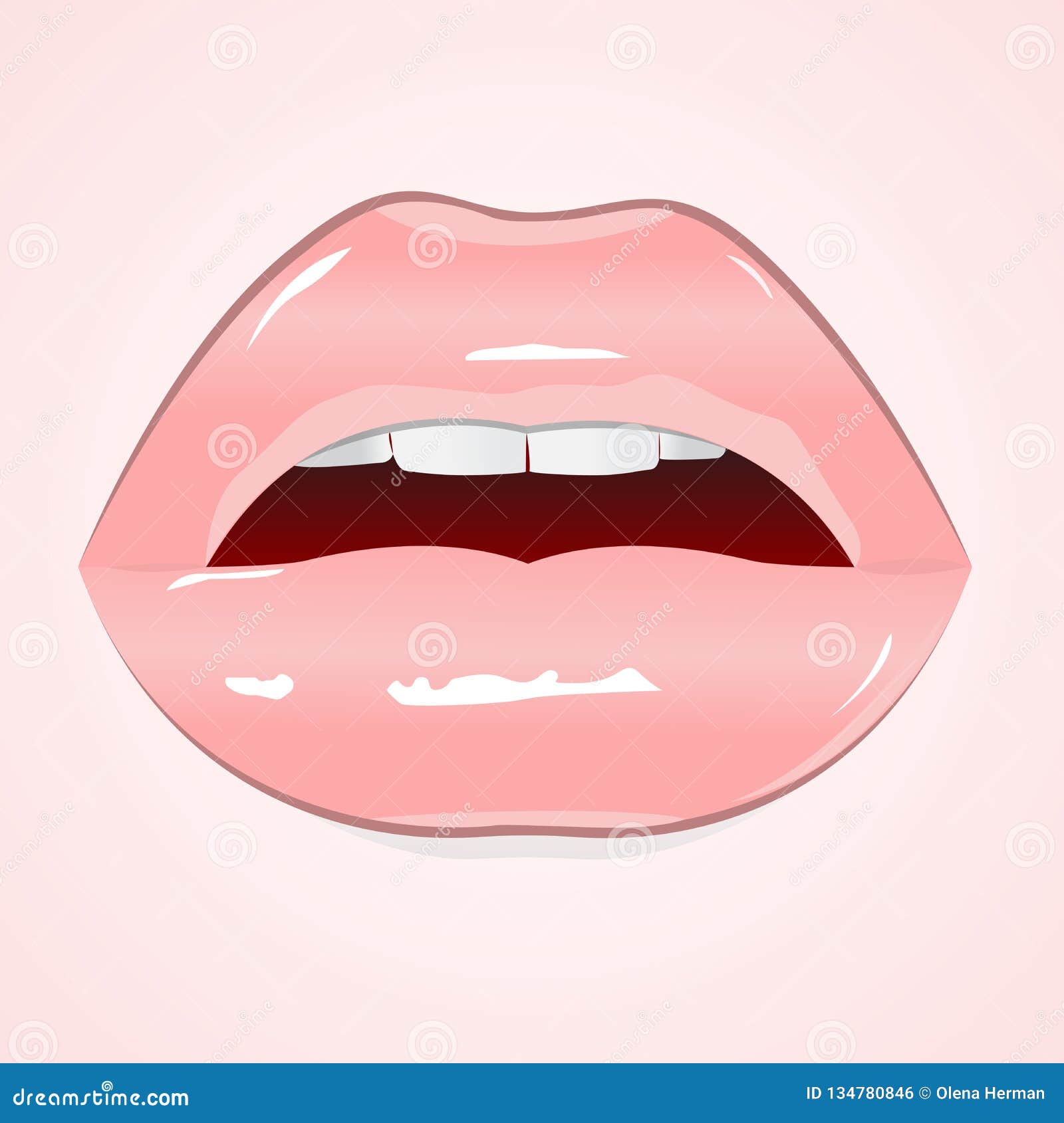 Shining Gloss Lipstick Erotic Open Mouth Sexual Wet Red Lip White Teeth Vector Illustration