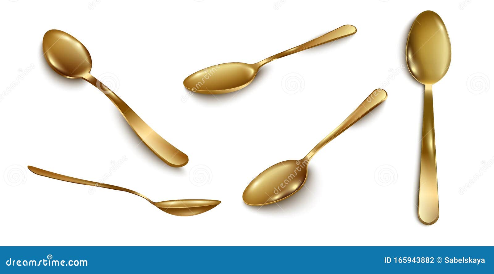 Realistic Gold Tea Spoon Set from Top, Side View in Different Angles ...