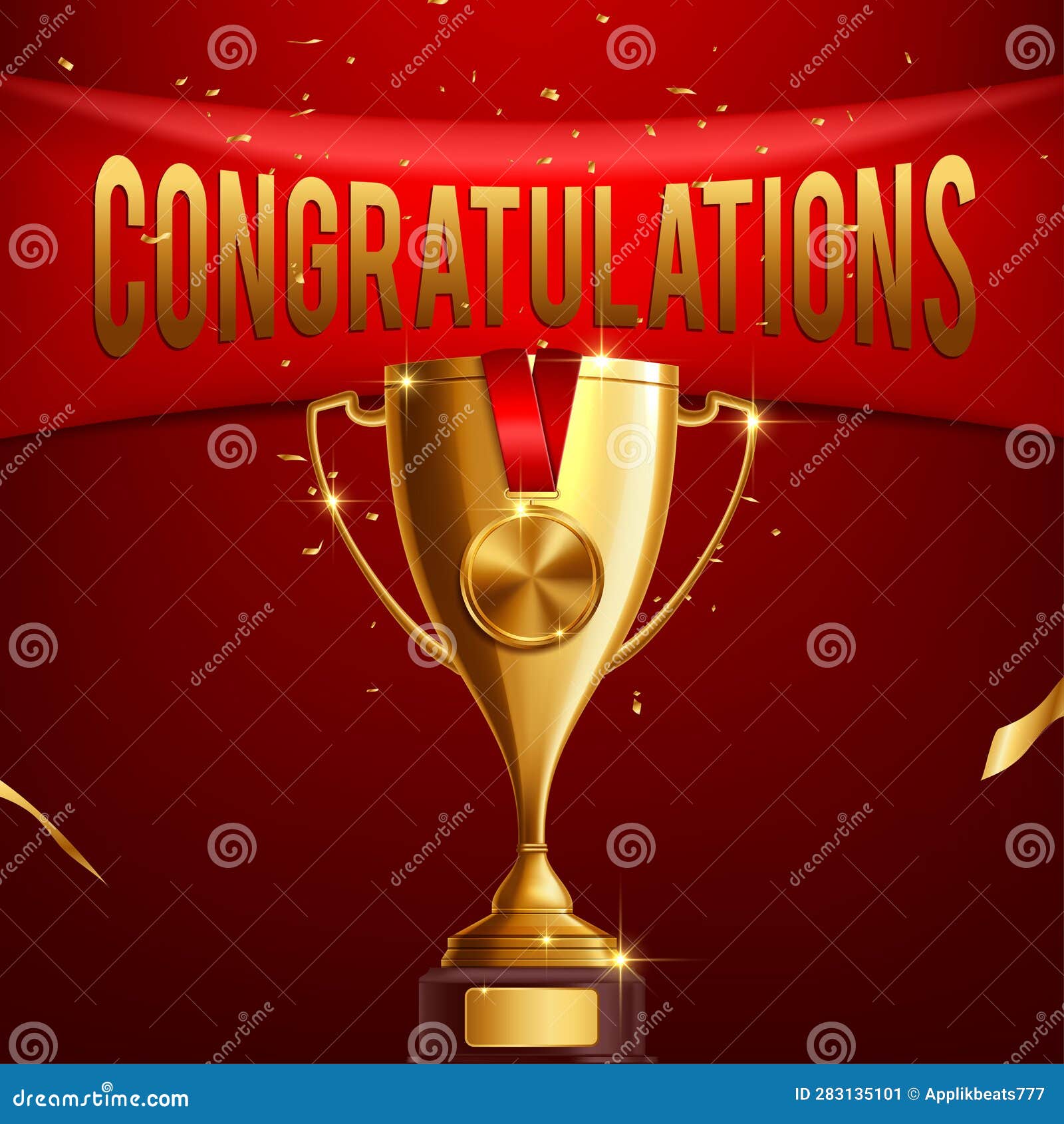 Realistic Golden Trophy with Congratulations Text on Textile Banner ...