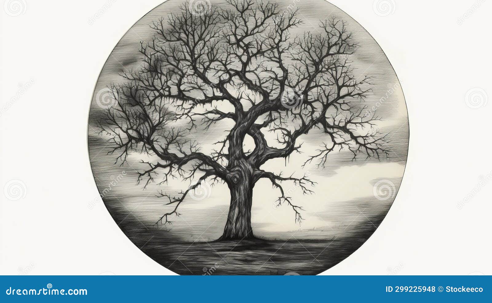 Realistic Graphite Drawing of a Tree in Oval Frame Stock Illustration ...