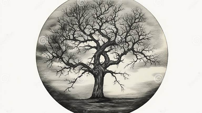 Realistic Graphite Drawing of a Tree in Oval Frame Stock Illustration ...