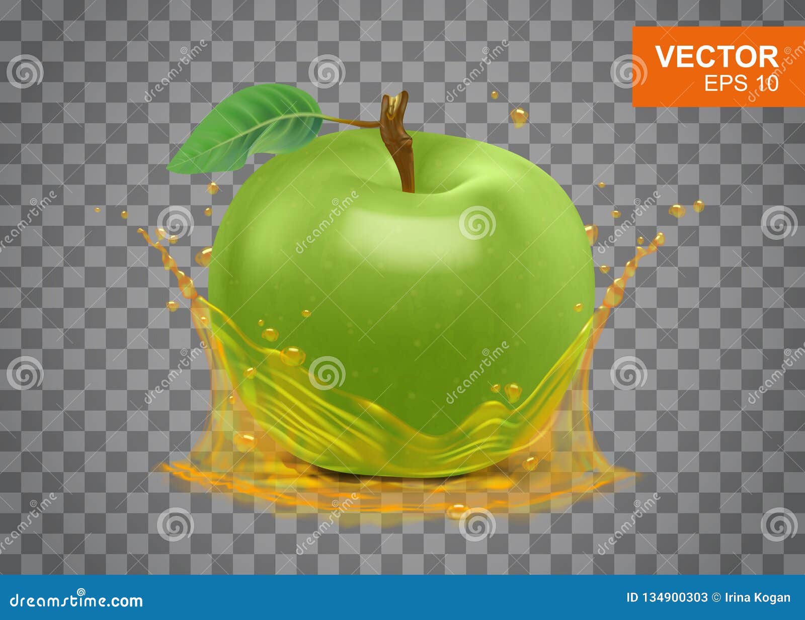 Realistic Green Apple with Splash of Apple Juice Vector Illustration ...