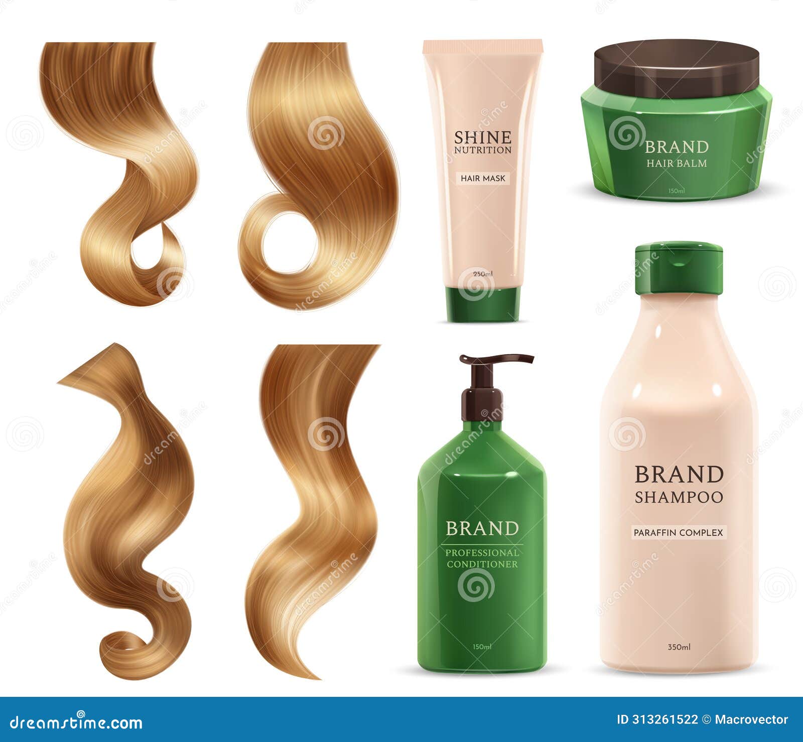 Realistic Hair Product and Lock of Hair Set Stock Illustration ...