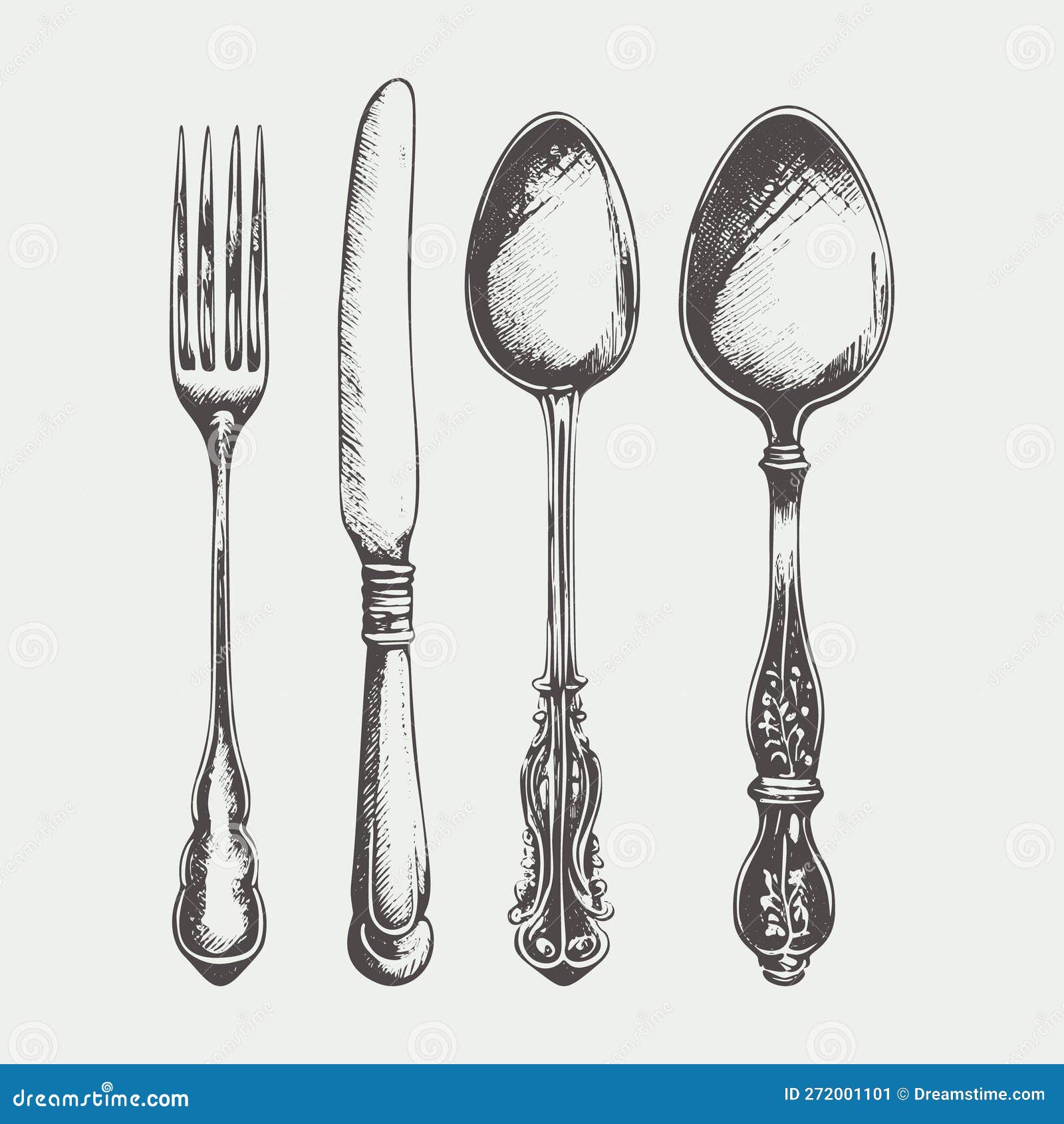 A Realistic Hand-drawn Vector Illustration Sketch of a Cutlery Set ...